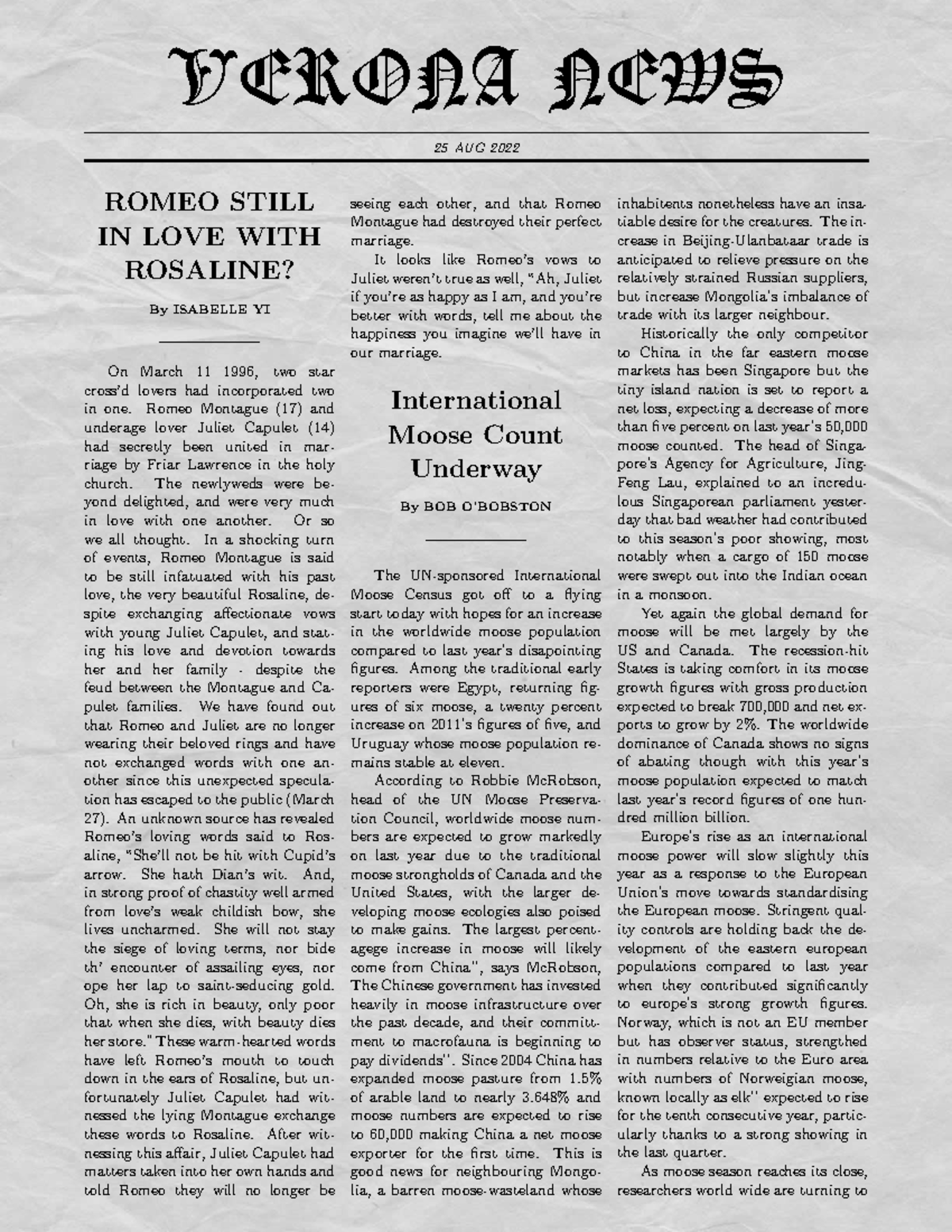Romeo and Juliet Newspaper Article - VERONA NEWS 25 AUG 2022 ROMEO ...