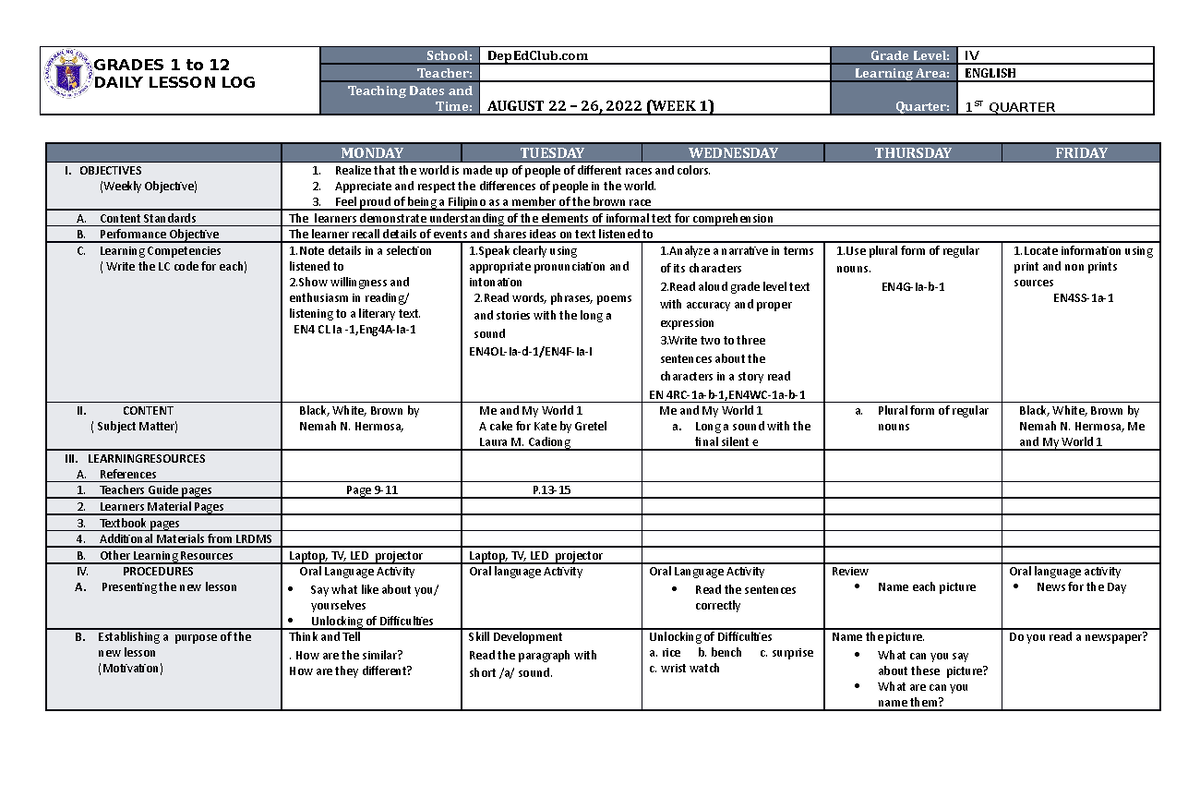 DLL English 4 Q1 W1 - GRADES 1 to 12 DAILY LESSON LOG School: DepEdClub ...