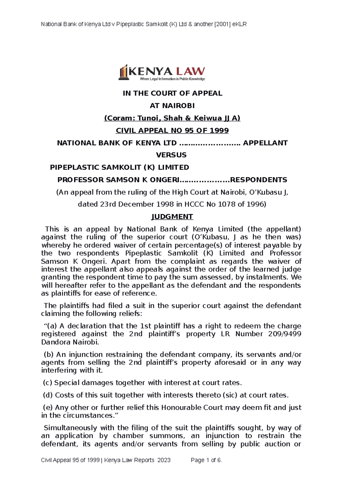 Civil Appeal 95 of 1999 - IN THE COURT OF APPEAL AT NAIROBI (Coram ...