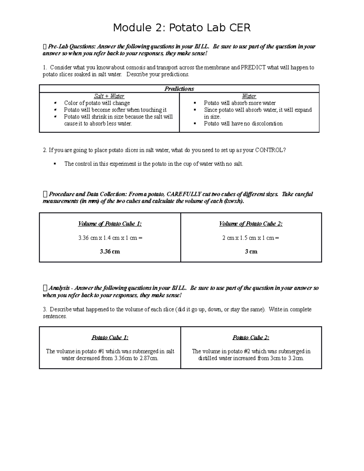 Potato Lab CER - BIO 101 - Experimental Lab - Module 2: Potato Lab CER ...