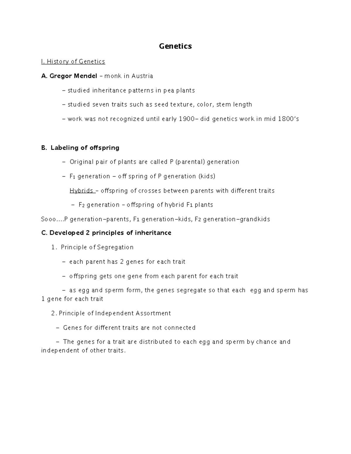 Genetics outline 2 - 1 Genetics I. History of Genetics A. Gregor Mendel ...