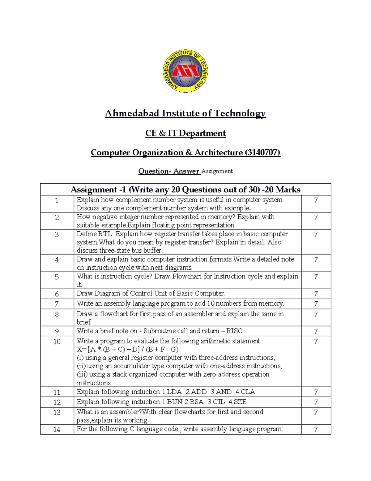 coa assignment 1 - Ahmedabad Institute of Technology CE & IT Department Computer Organization ...