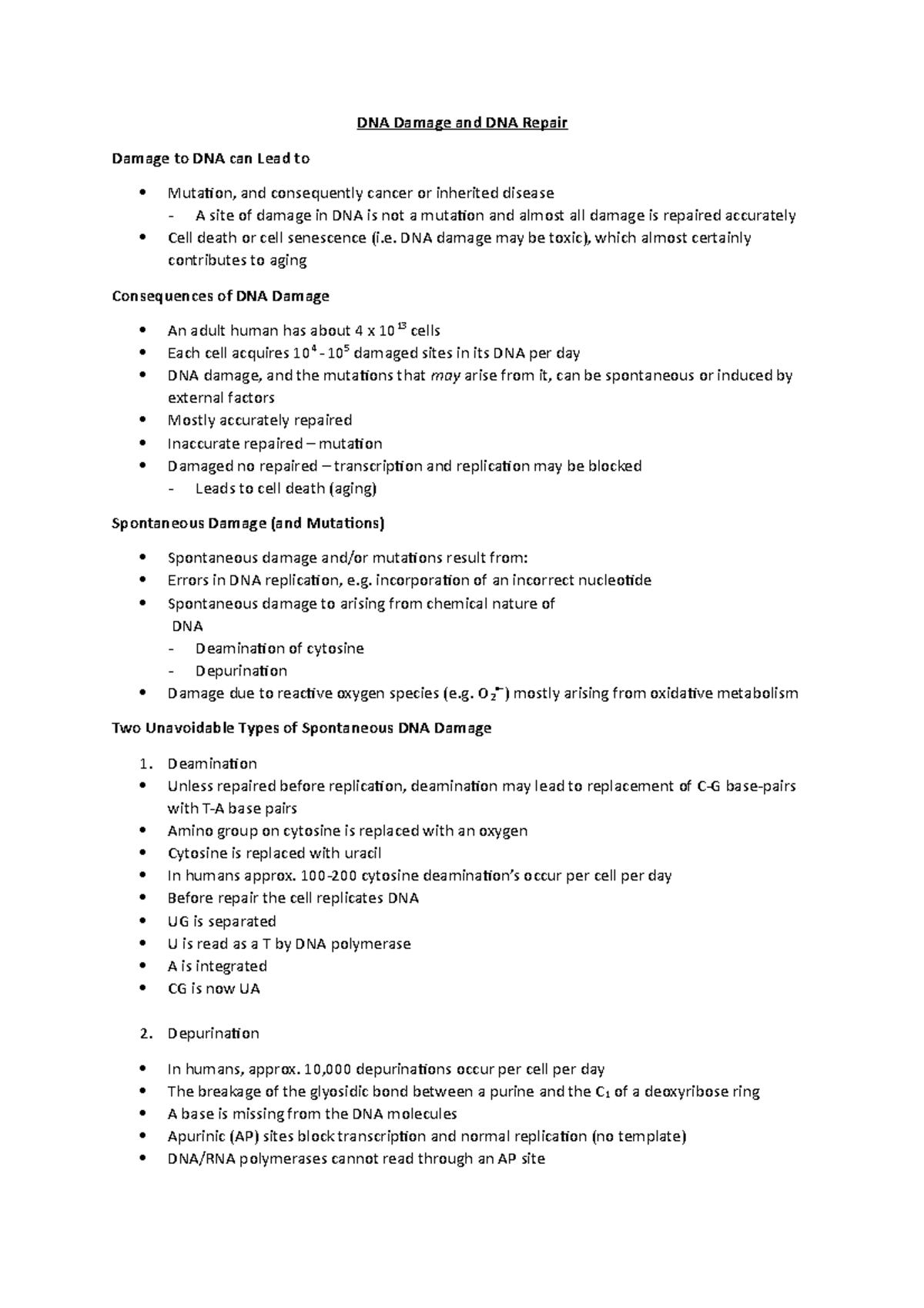 DNA Damage and DNA Repair - DNA Damage and DNA Repair Damage to DNA can ...