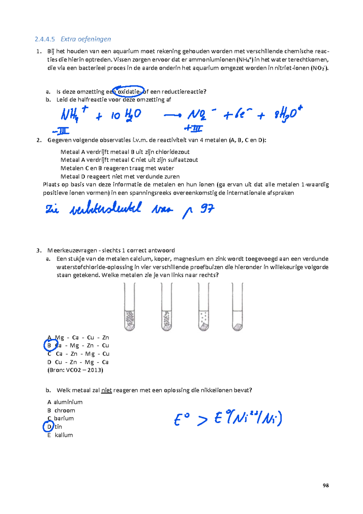 Oplossingen redoxreactie p98-100 - 98 Extra oefeningen Bij het houden ...