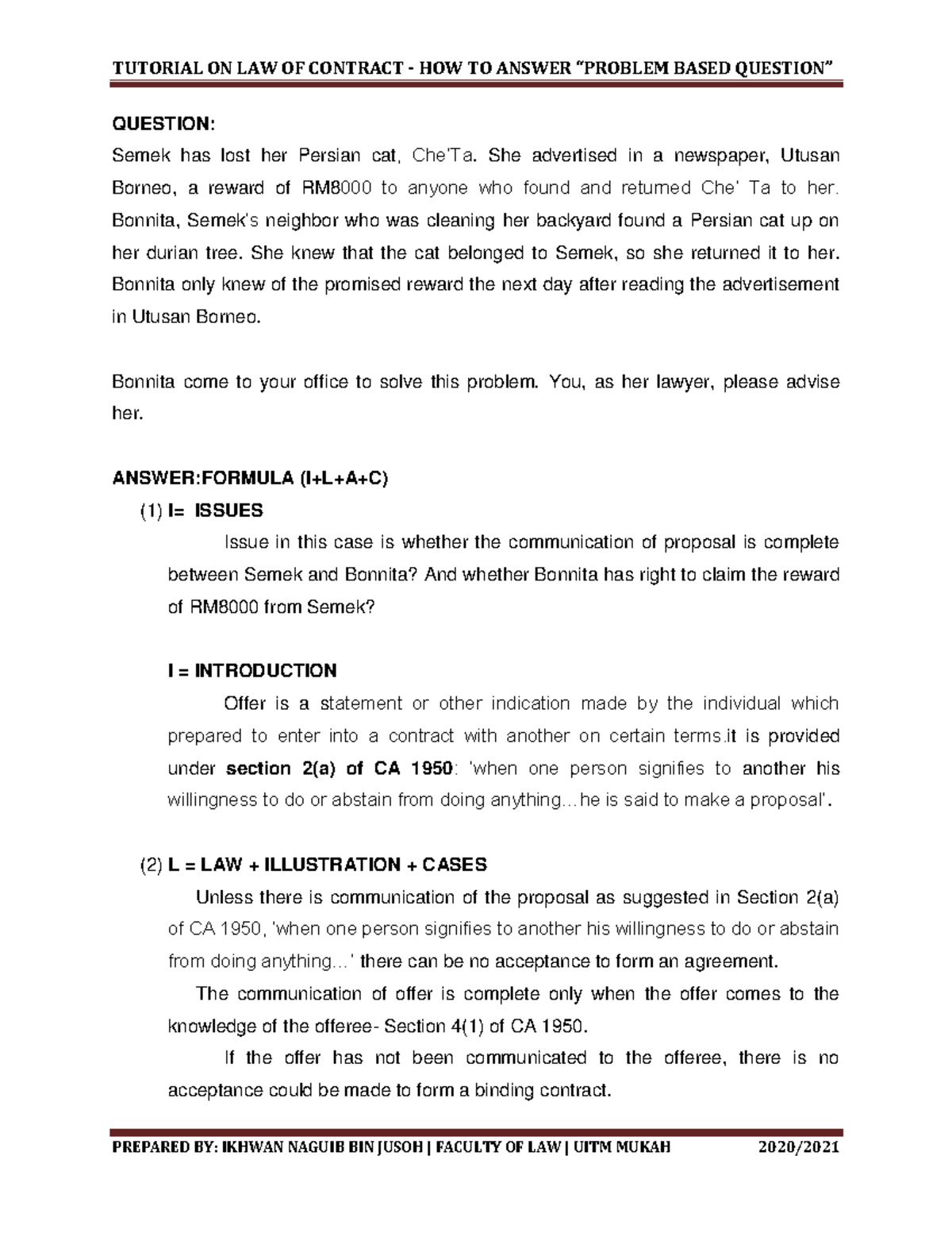Sample structure answer - TUTORIAL ON LAW OF CONTRACT - HOW TO ANSWER ...