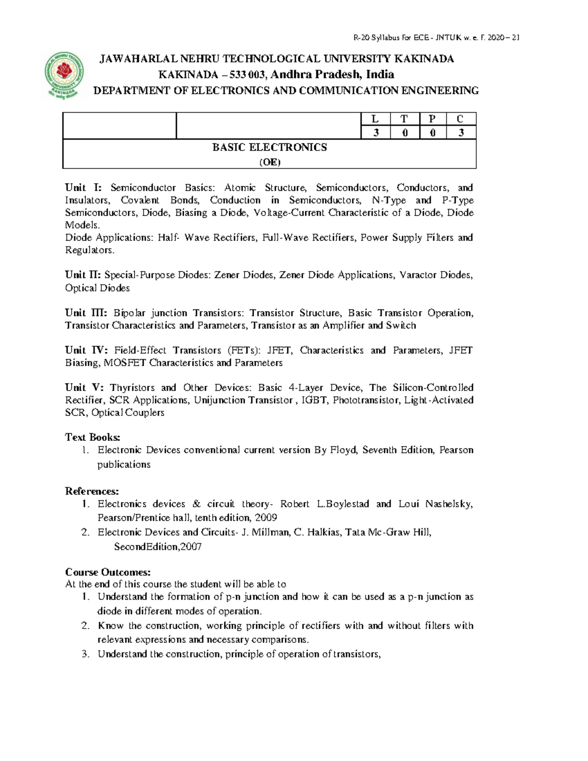 Basic electronics syllabus - R-20 Syllabus for ECE - JNTUK w. e. f ...
