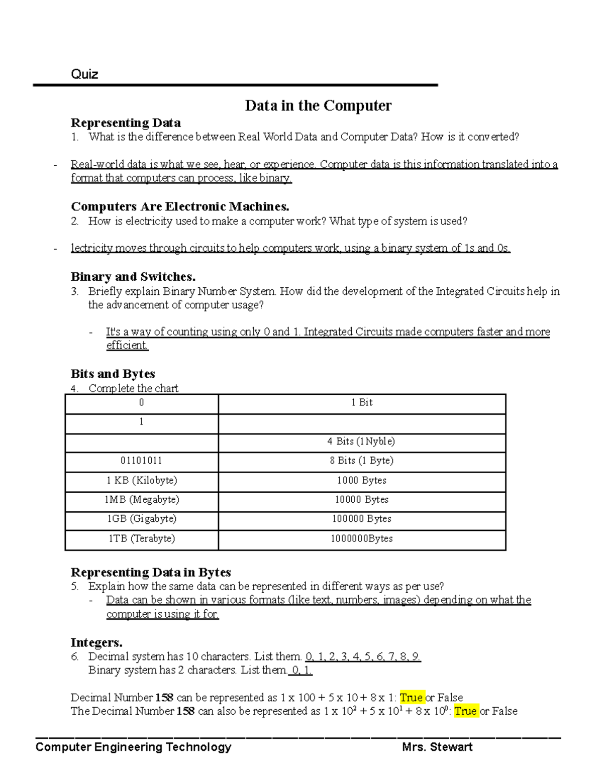 Copy of 05 Data Representation Worksheet - Quiz Data in the Computer ...
