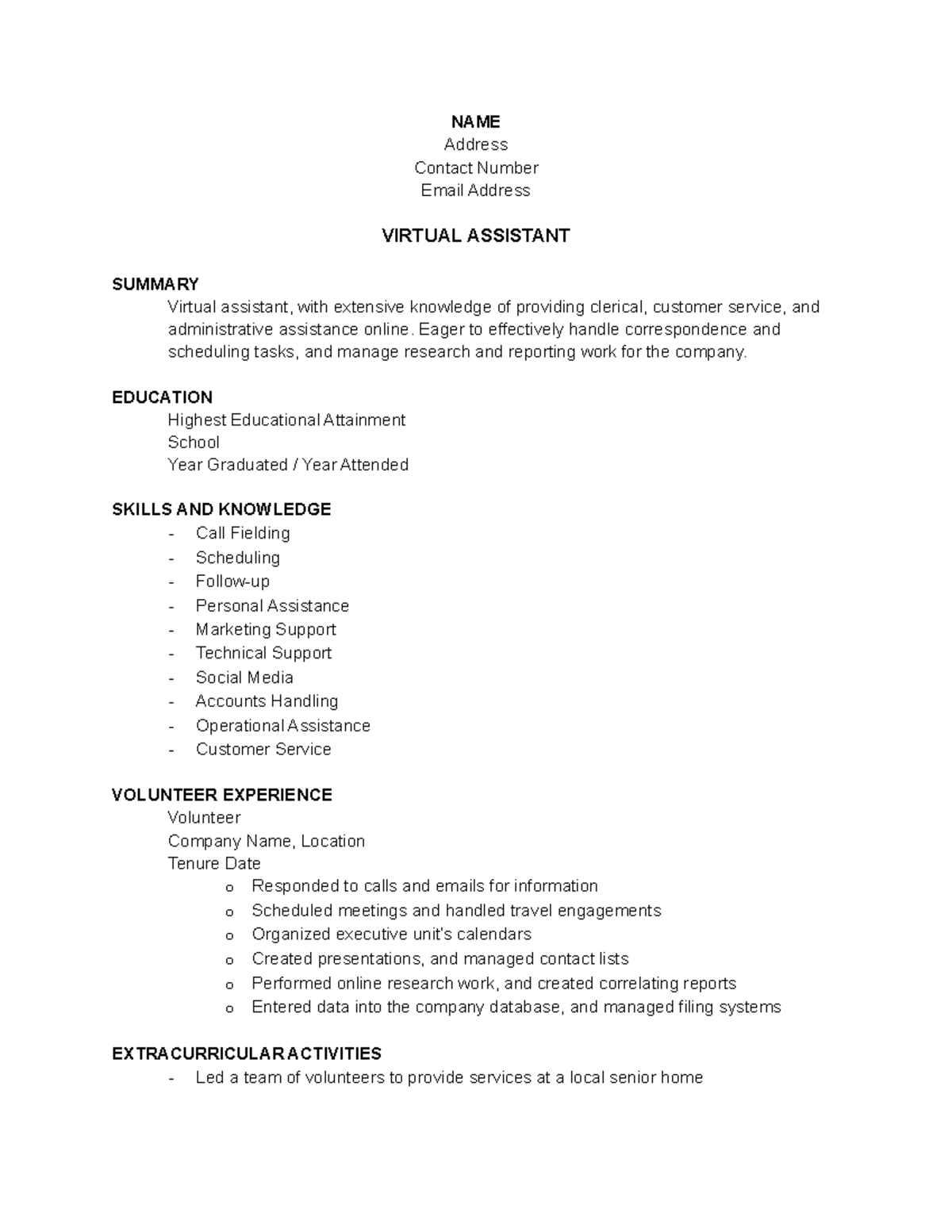 Resume Sample 2 - NAME Address Contact Number Email Address VIRTUAL ...