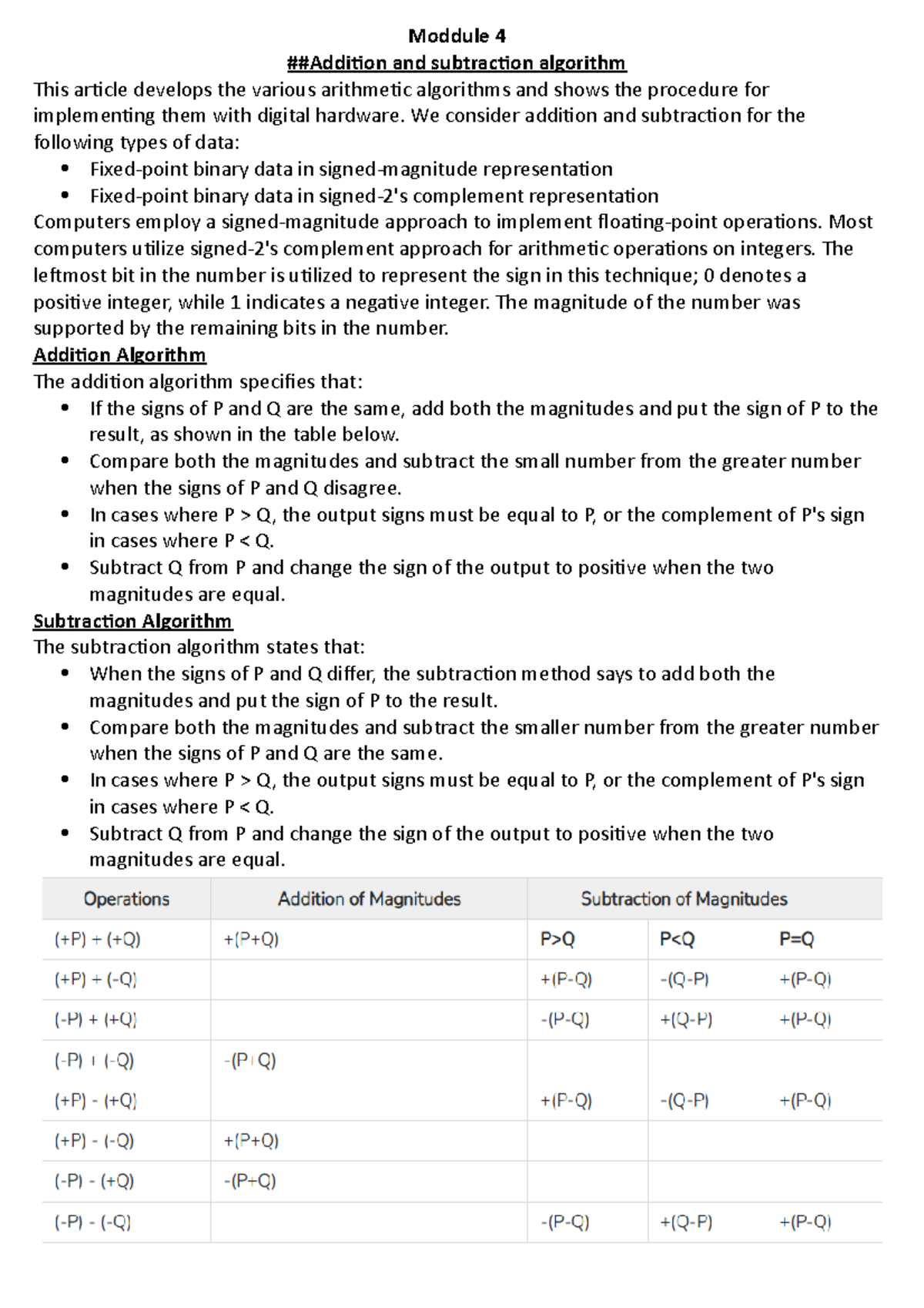 COA ALL Module syll - Moddule 4 ##Addition and subtraction algorithm ...