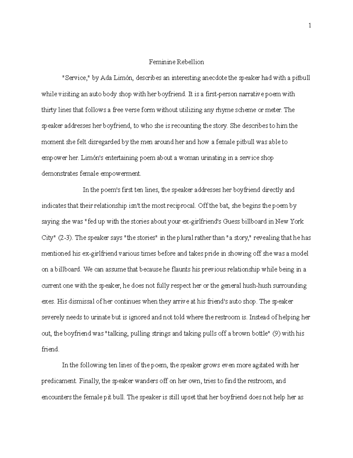 Mid Term Essay - 1 Feminine Rebellion "Service," by Ada Limón ...