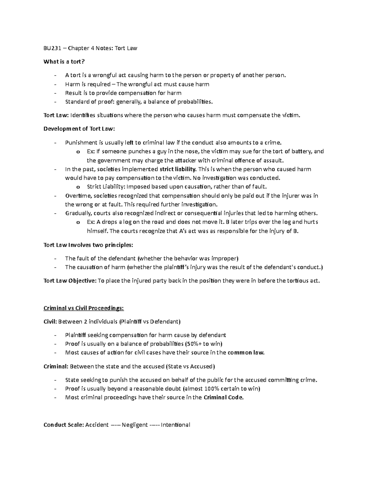 Chapter 4 - Torts - BU231 – Chapter 4 Notes: Tort Law What is a tort? A ...