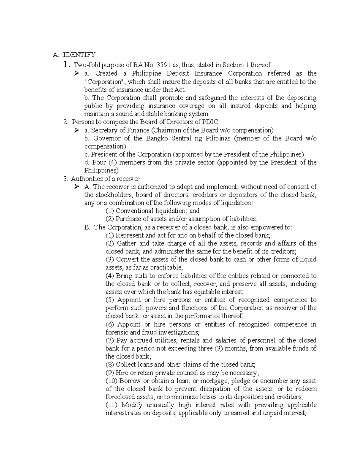 Republic Act No. 3591 - A. IDENTIFY 1. Two-fold purpose of RA No. 3591 ...