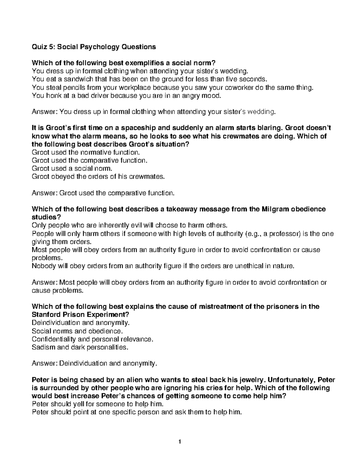 Quiz 5 Social Psychology - Quiz 5: Social Psychology Questions Which of ...