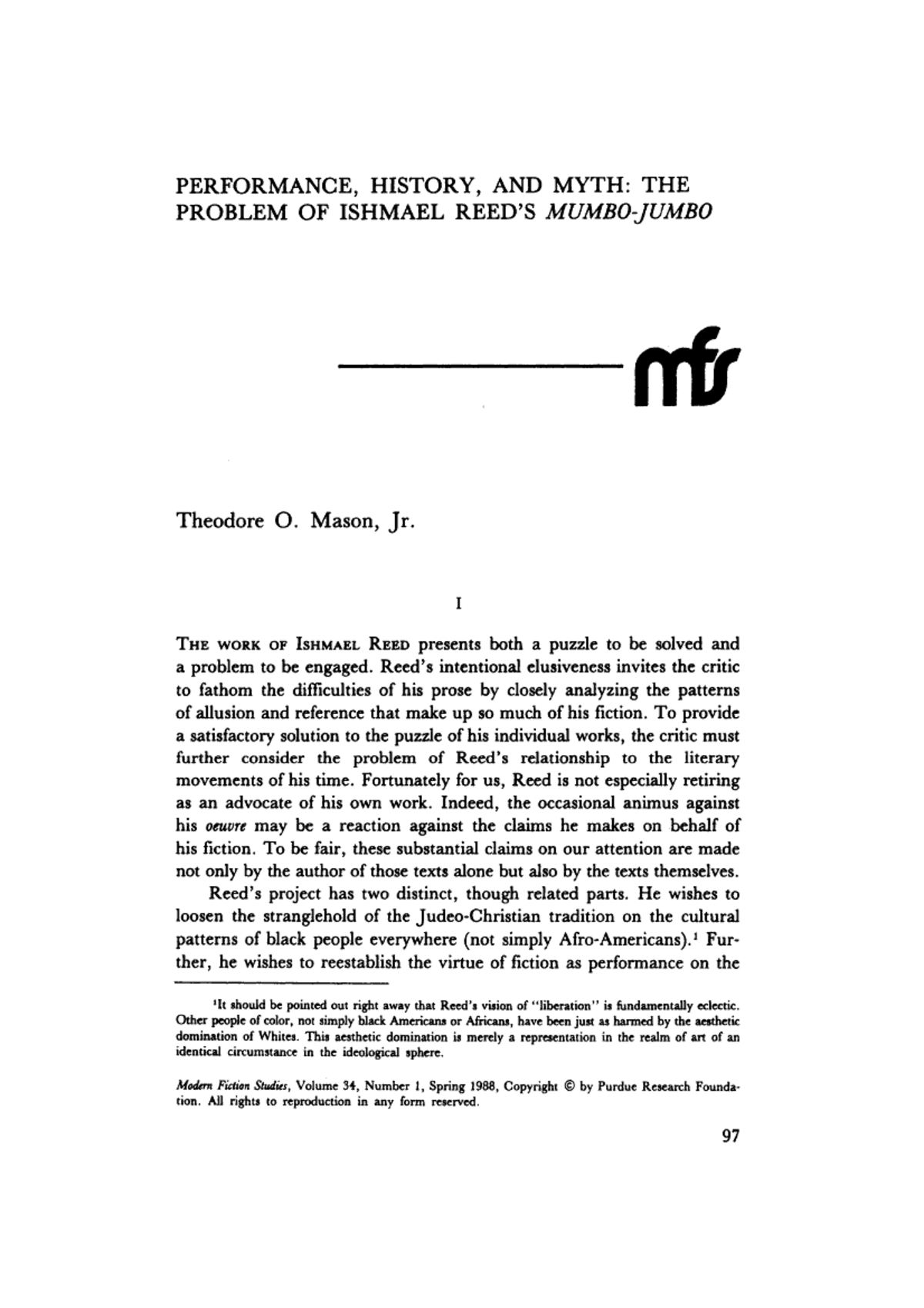 Mumbo Jumbo History, Myth, Performance - M A English Language and ...