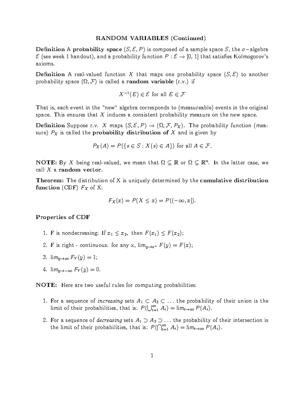 Handout week 06 - RANDOM VARIABLES (Continued) Definition A probability space (S, E, P ) is ...