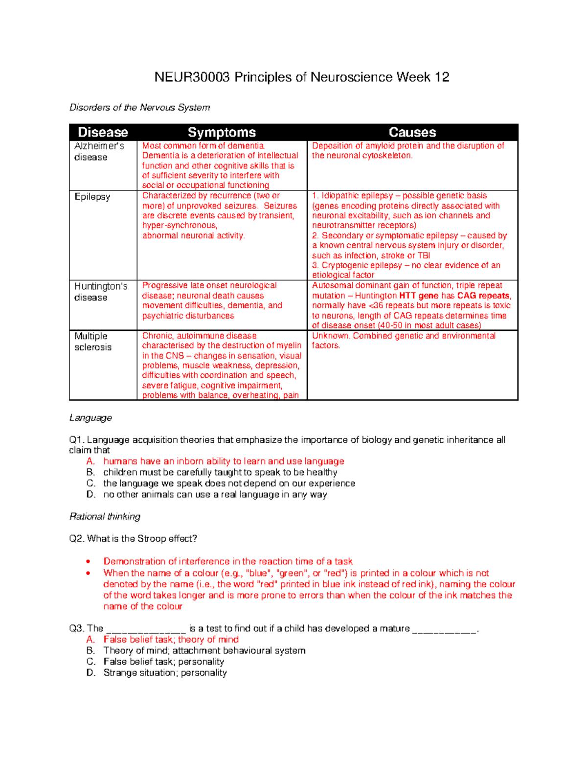 NEUR30003 Tutorial Week 12 Answers - NEUR30003 Principles of Neuroscience Week 12 Disorders of ...
