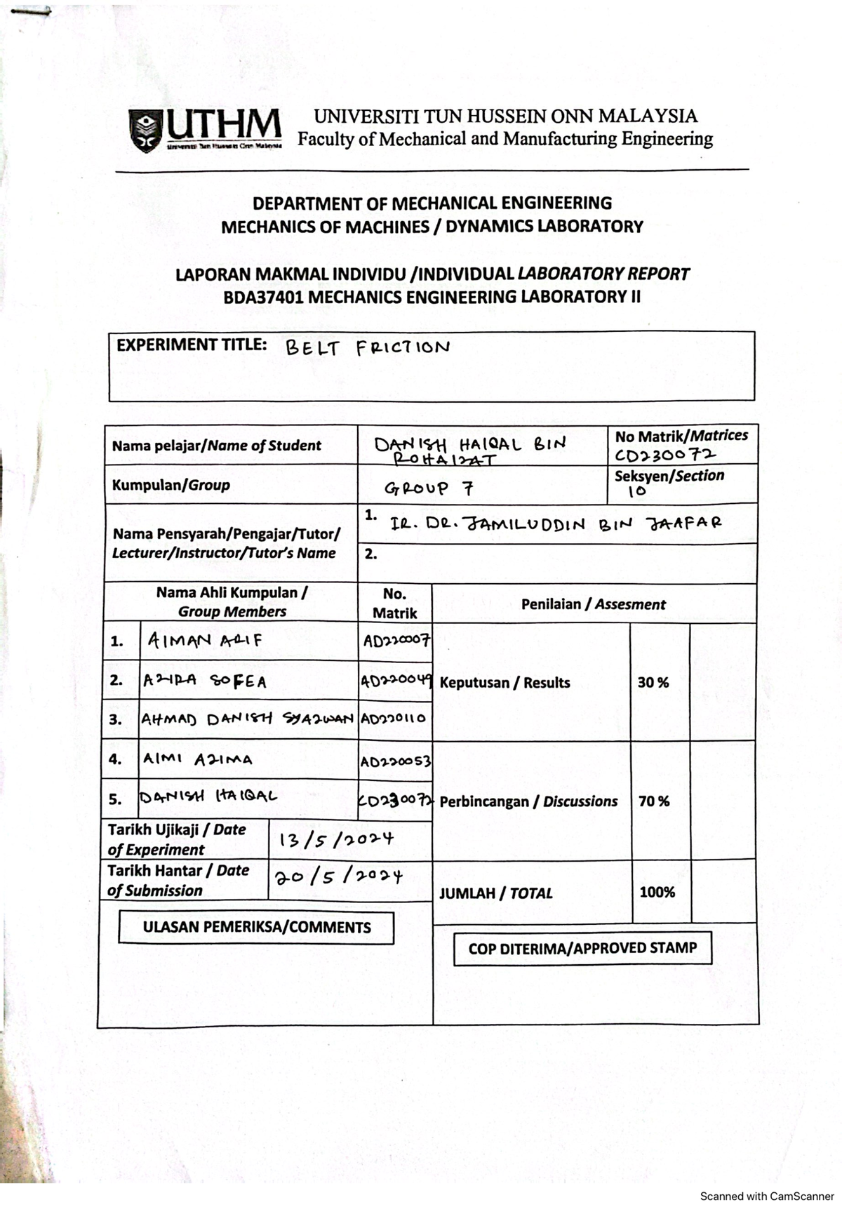 Belt Friction Lab Report - Mechanical Engineering - Studocu