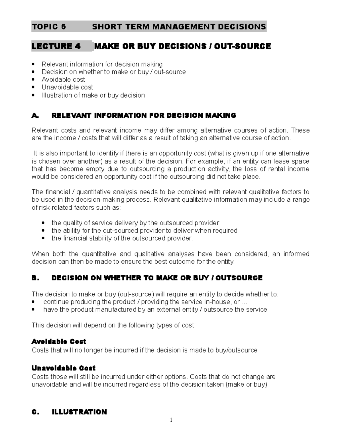Topic 5 Lecture 4 - good - TOPIC 5 SHORT TERM MANAGEMENT DECISIONS ...