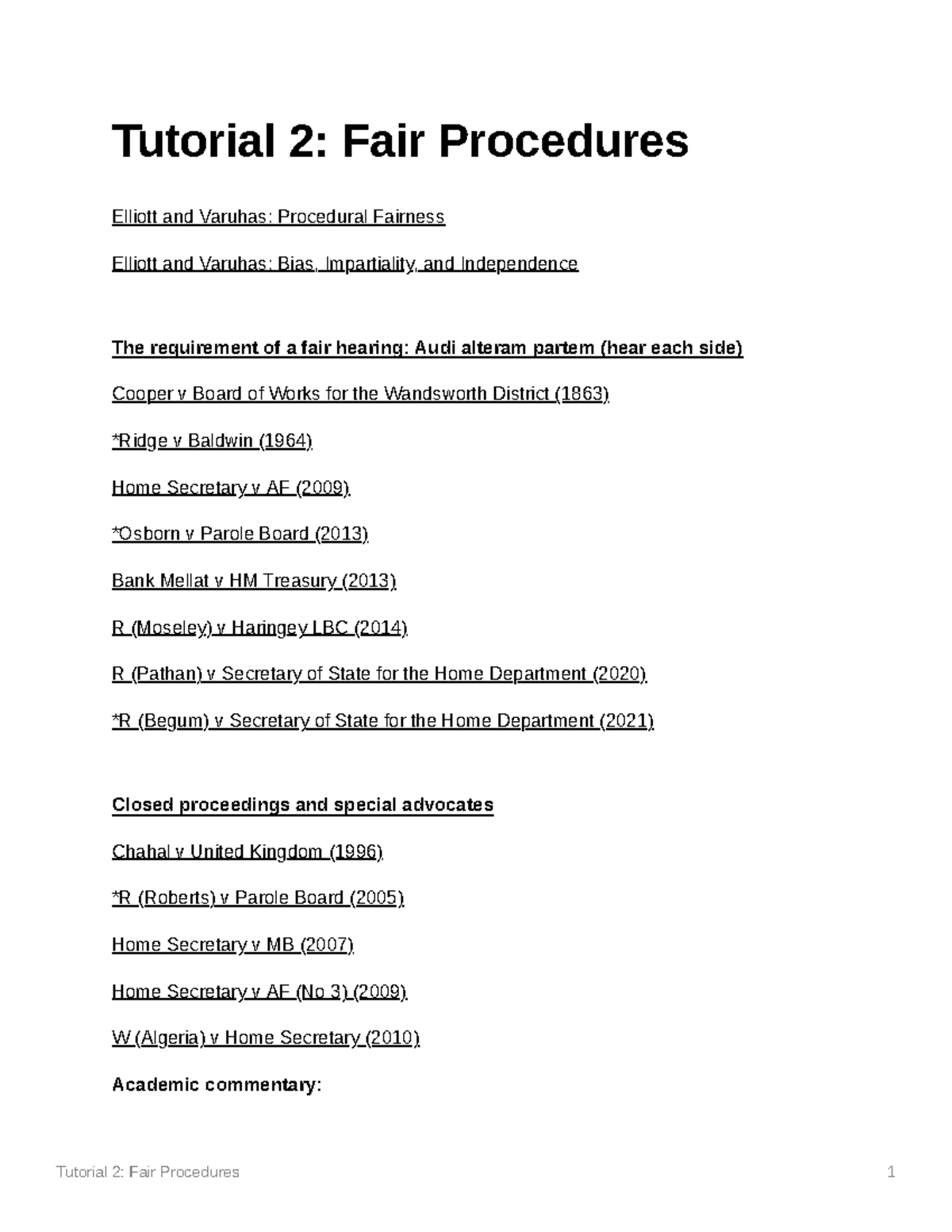 Case list admin law - Tutorial 2: Fair Procedures Elliott and Varuhas ...