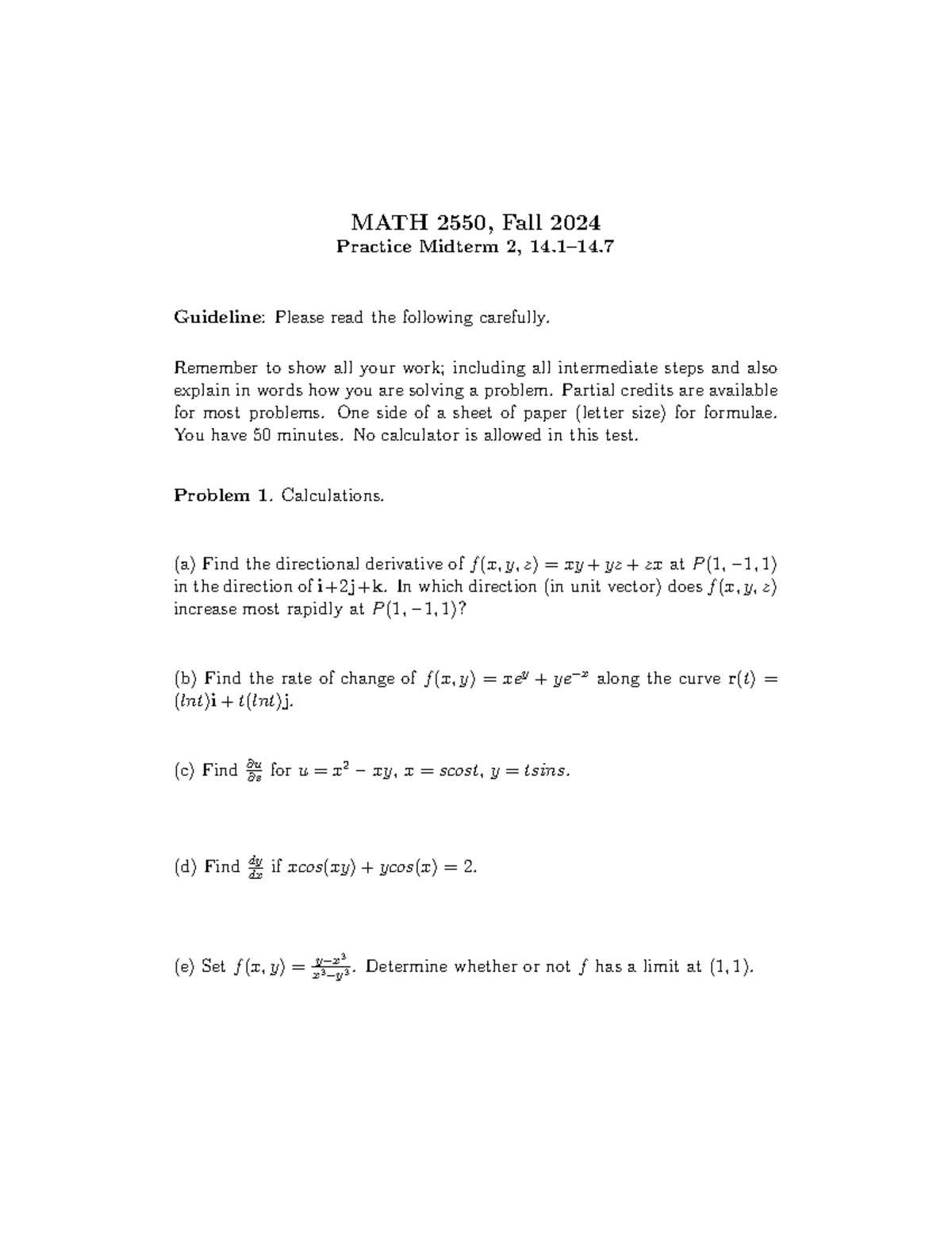 Practice Midterm 2 - MATH 2550, Fall 2024 Practice Midterm 2, 14–14. Guideline: Please read the ...