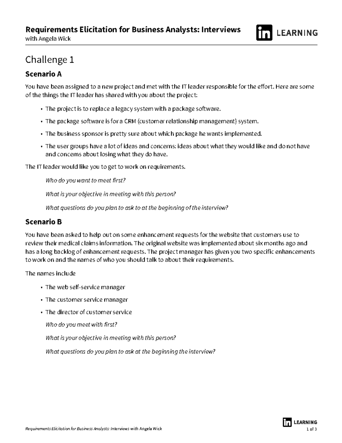 Challenge Scenarios - practice materials for course. - Requirements E ...