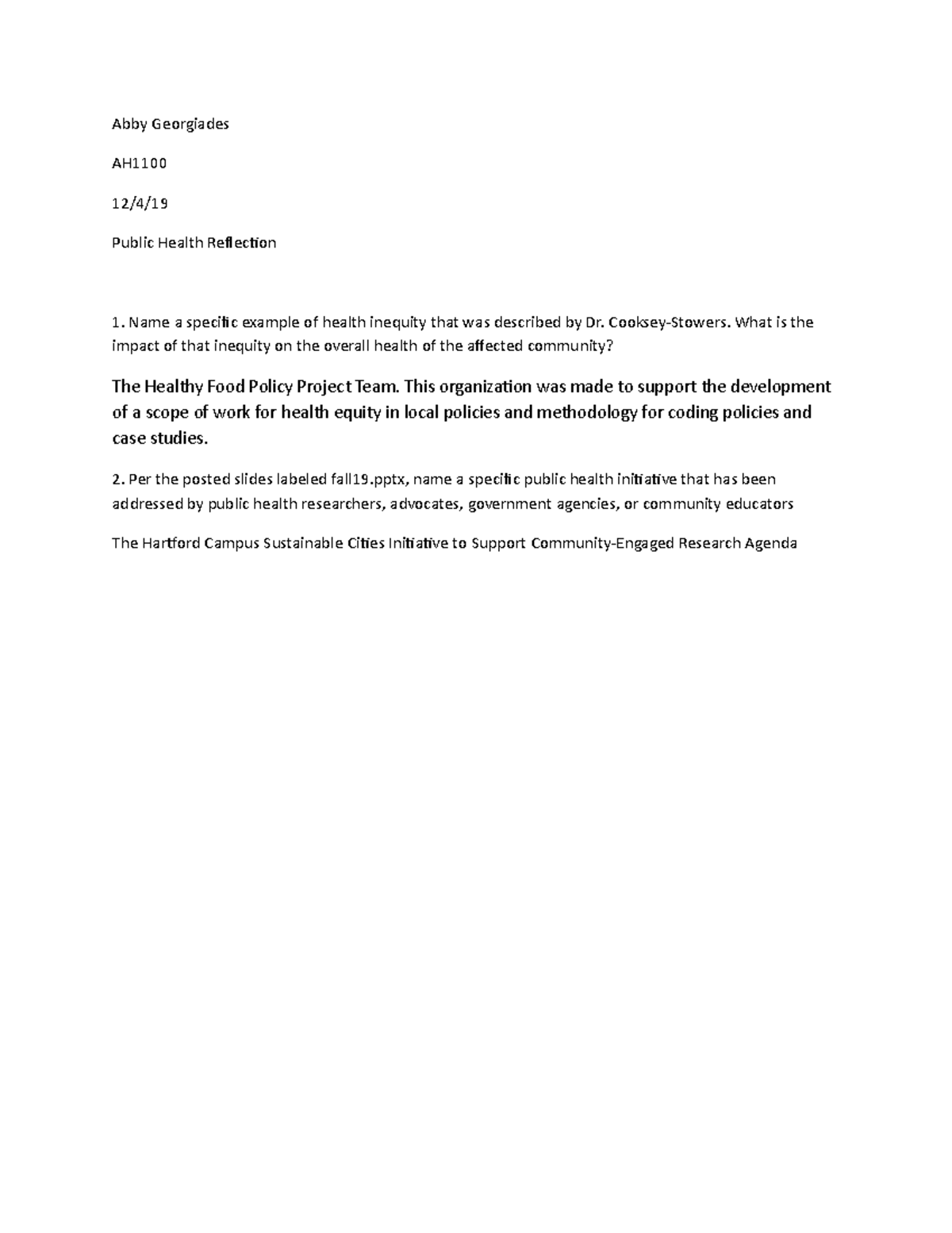 AHS writeup #11 - Abby Georgiades AH 12/4/ Public Health Reflection ...
