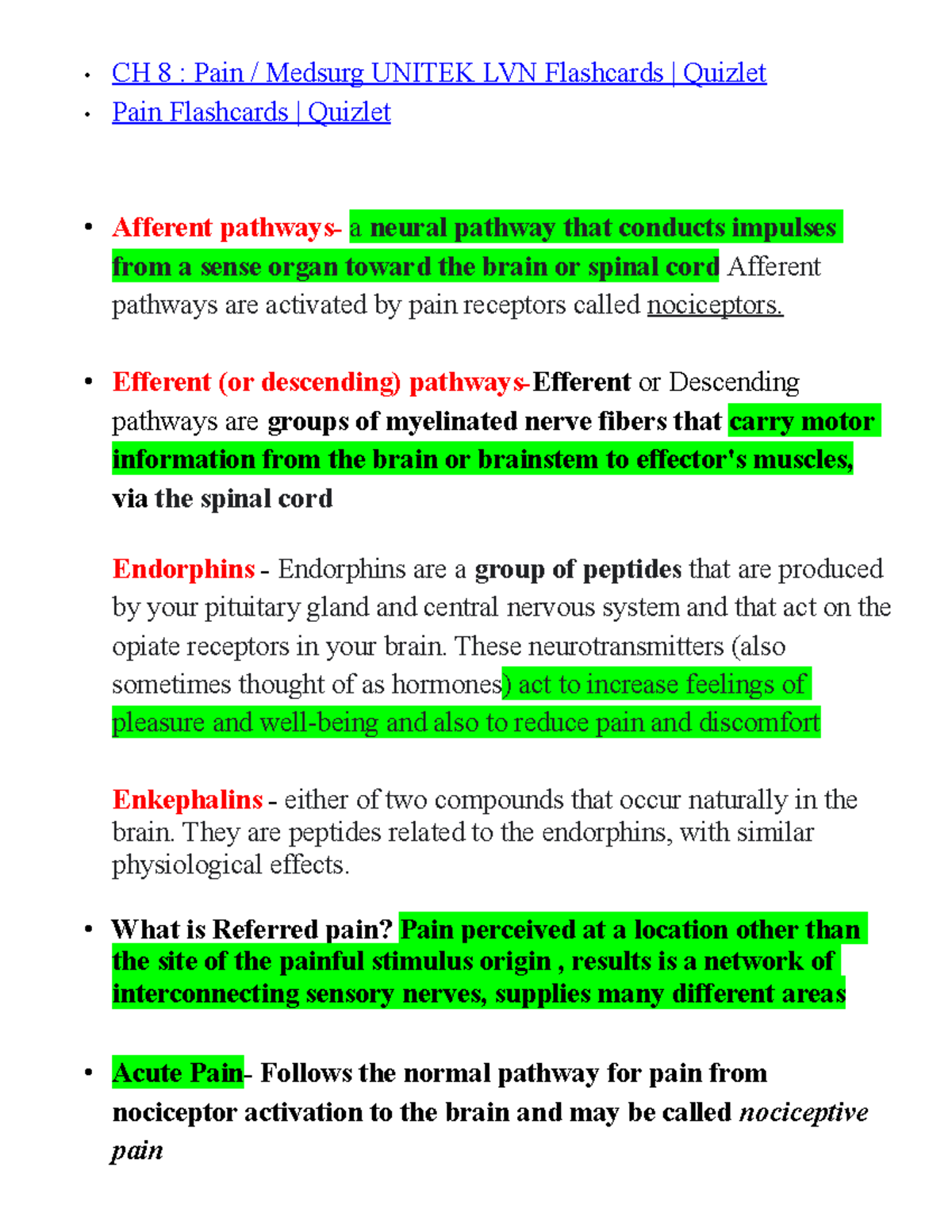 Pain study guide- Unitek College Term II - CH 8 : Pain / Medsurg UNITEK ...