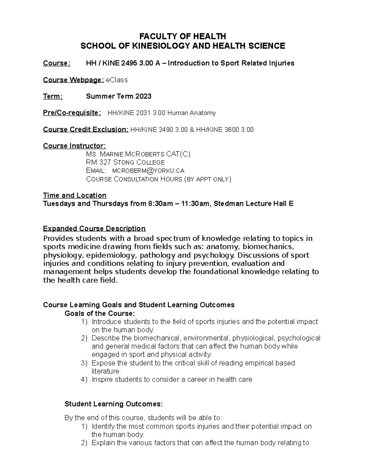 KINE 2495 - Summer 2023 - Course Outline - FACULTY OF HEALTH SCHOOL OF ...