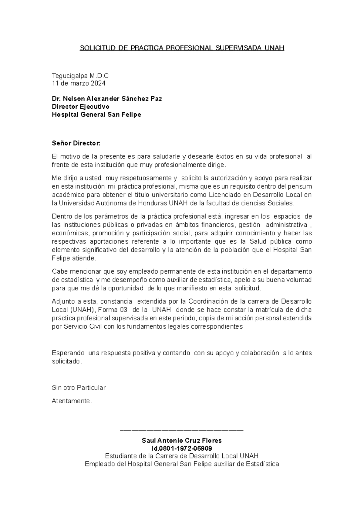 Solicitud DE Practica Profesionalsupervisada UNAH Hospital San Felipe ...