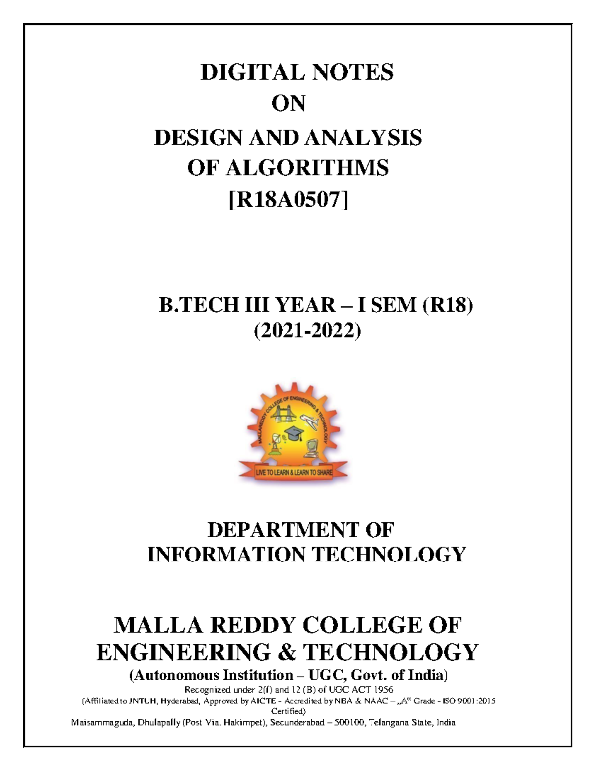(R18A0507)Design and Analysis of Algorithms - DIGITAL NOTES ON DESIGN ...