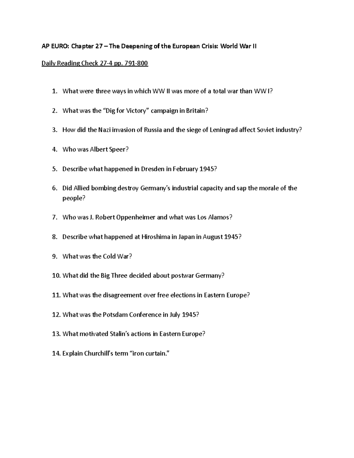 APEuro-Daily Reading Check 27-4pp - AP EURO: Chapter 27 – The Deepening ...