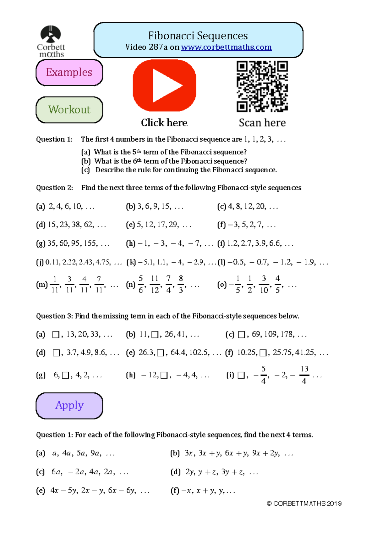 Fibonacci - reviewer - ! Fibonacci Sequences Video 287a on corbettmaths Question 1: The =irst 4 ...