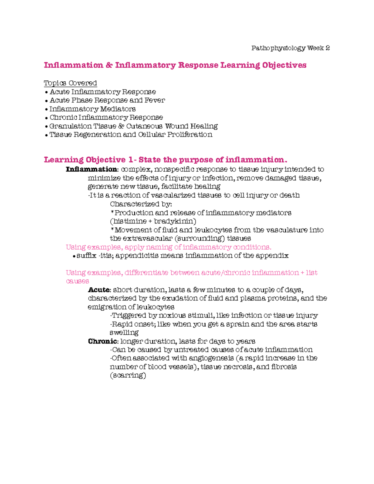 Pathophysiology Week 2 Notes - Pathophysiology Week 2 Inflammation ...