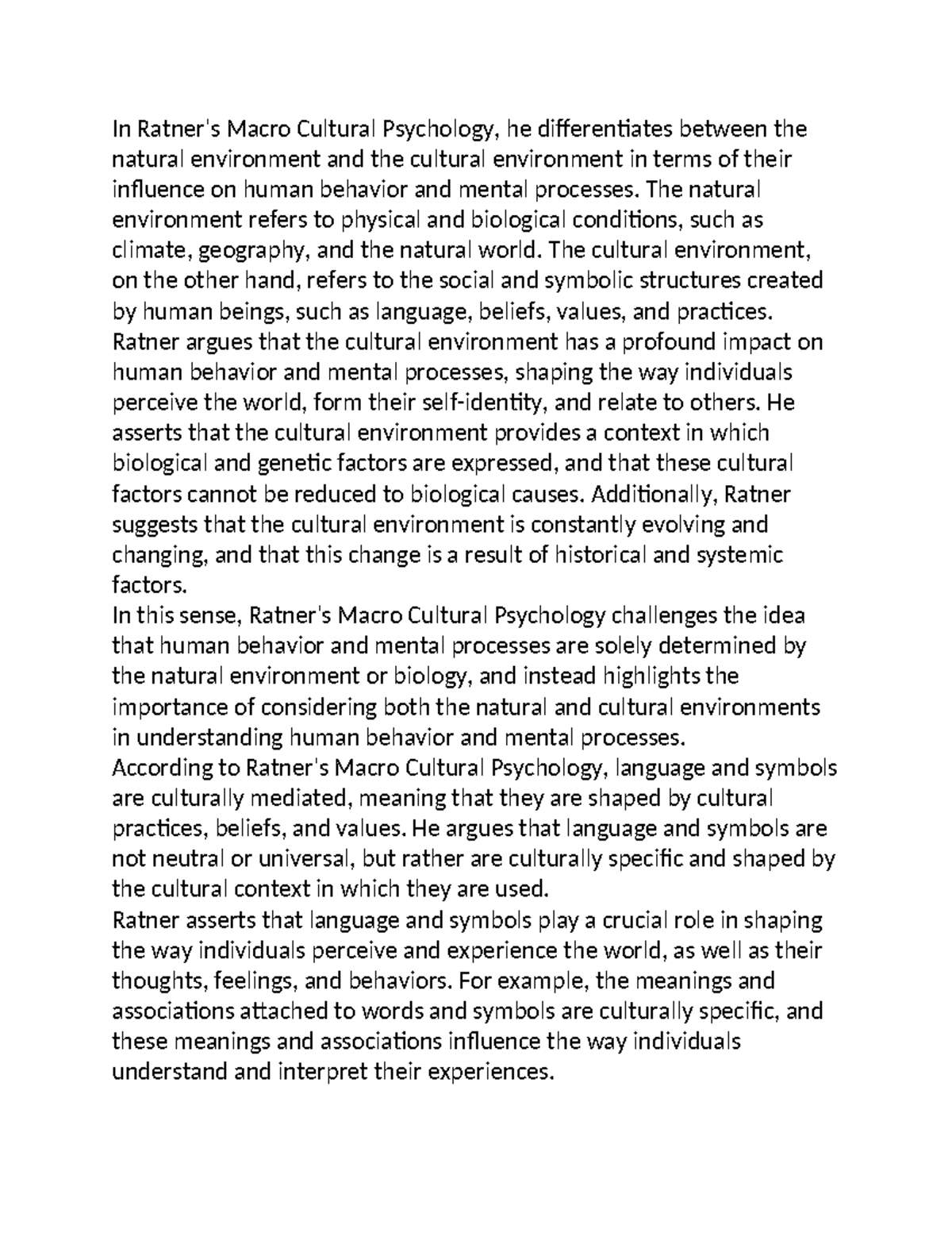 Doc 2 - draft notes - In Ratner's Macro Cultural Psychology, he ...