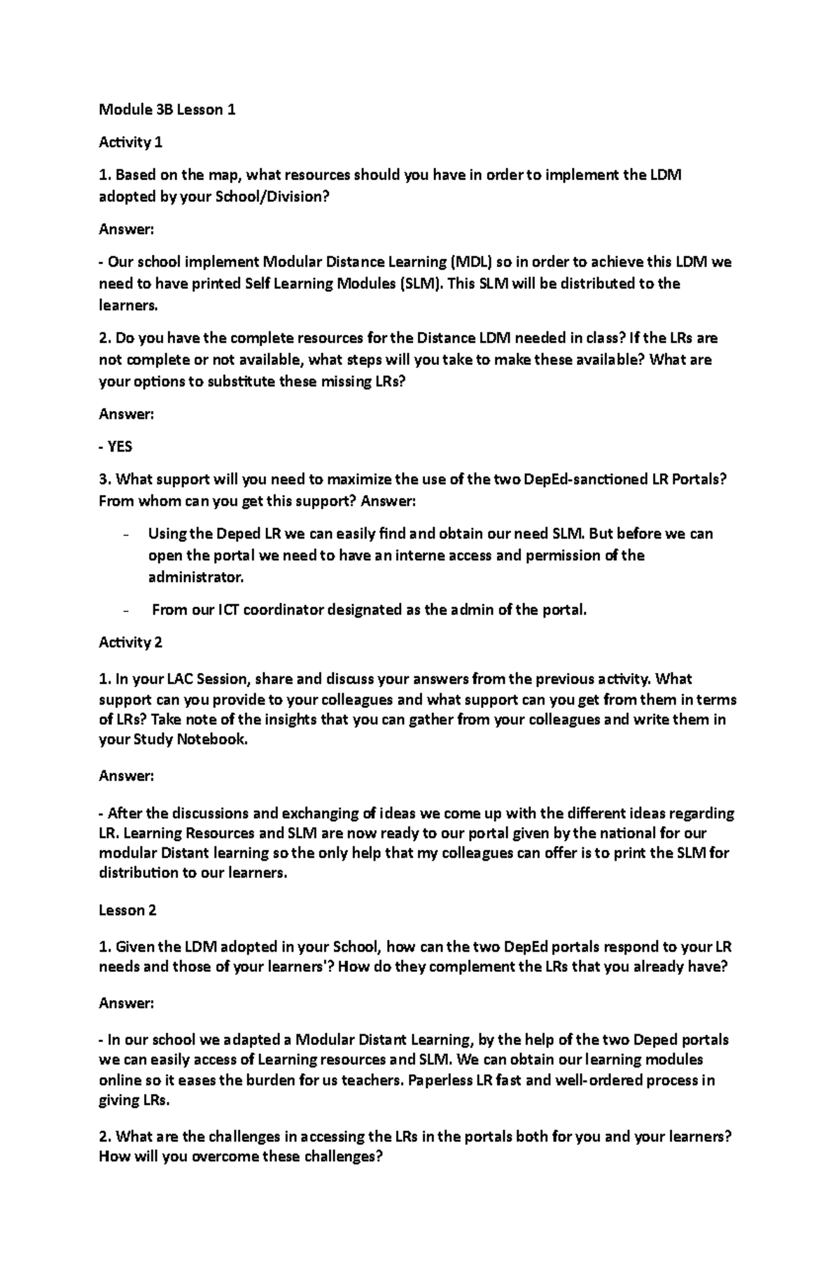 LDM2 Module 3B with answers - Module 3B Lesson 1 Activity 1 Based on ...