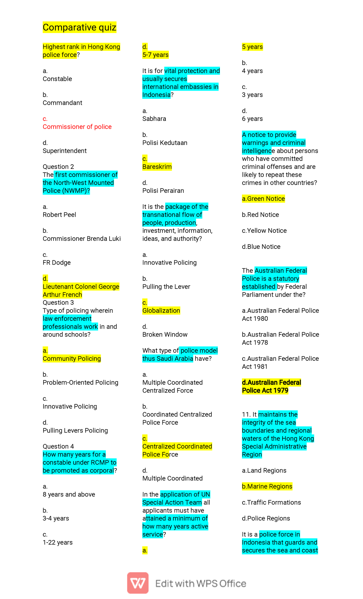 Comparative quiz - Quiz - Highest rank in Hong Kong police force? a. Constable b. Commandant c ...