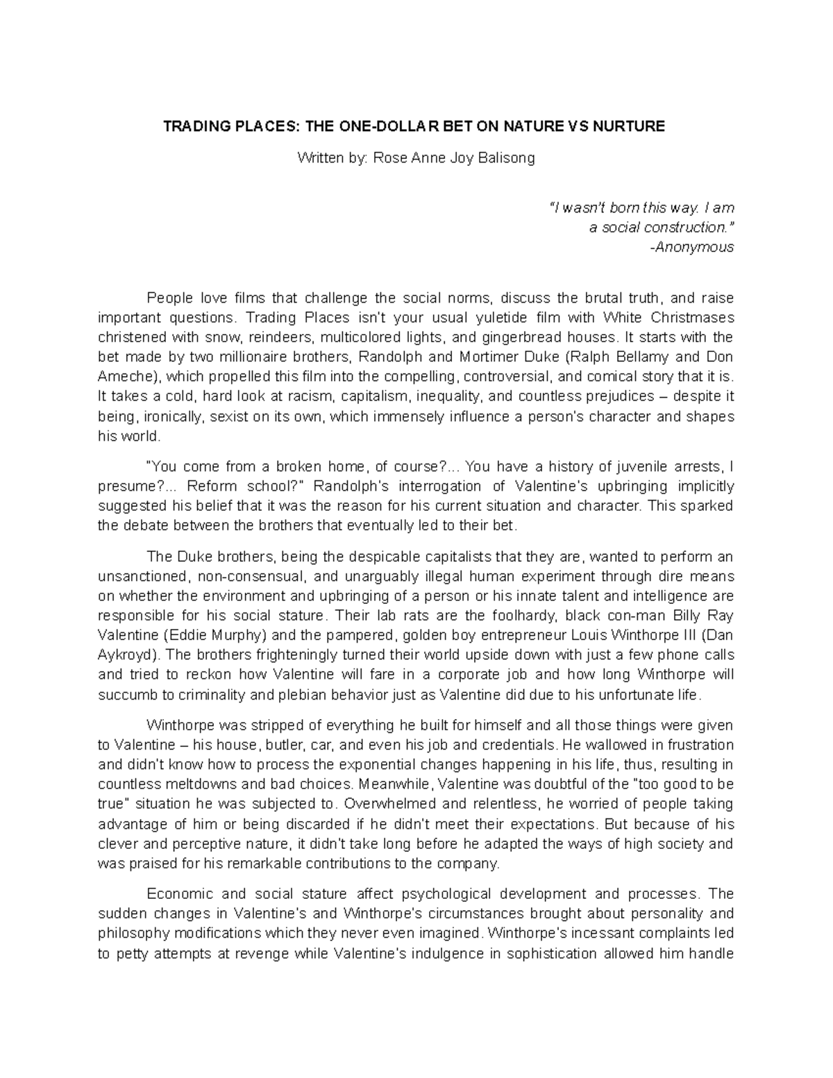 Argumentative Essay on Nature vs Nurture in the film Trading Places ...