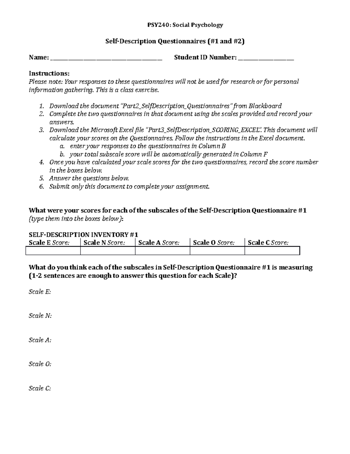 Part1 Self Description Instructions S2020 - PSY240: Social Psychology ...