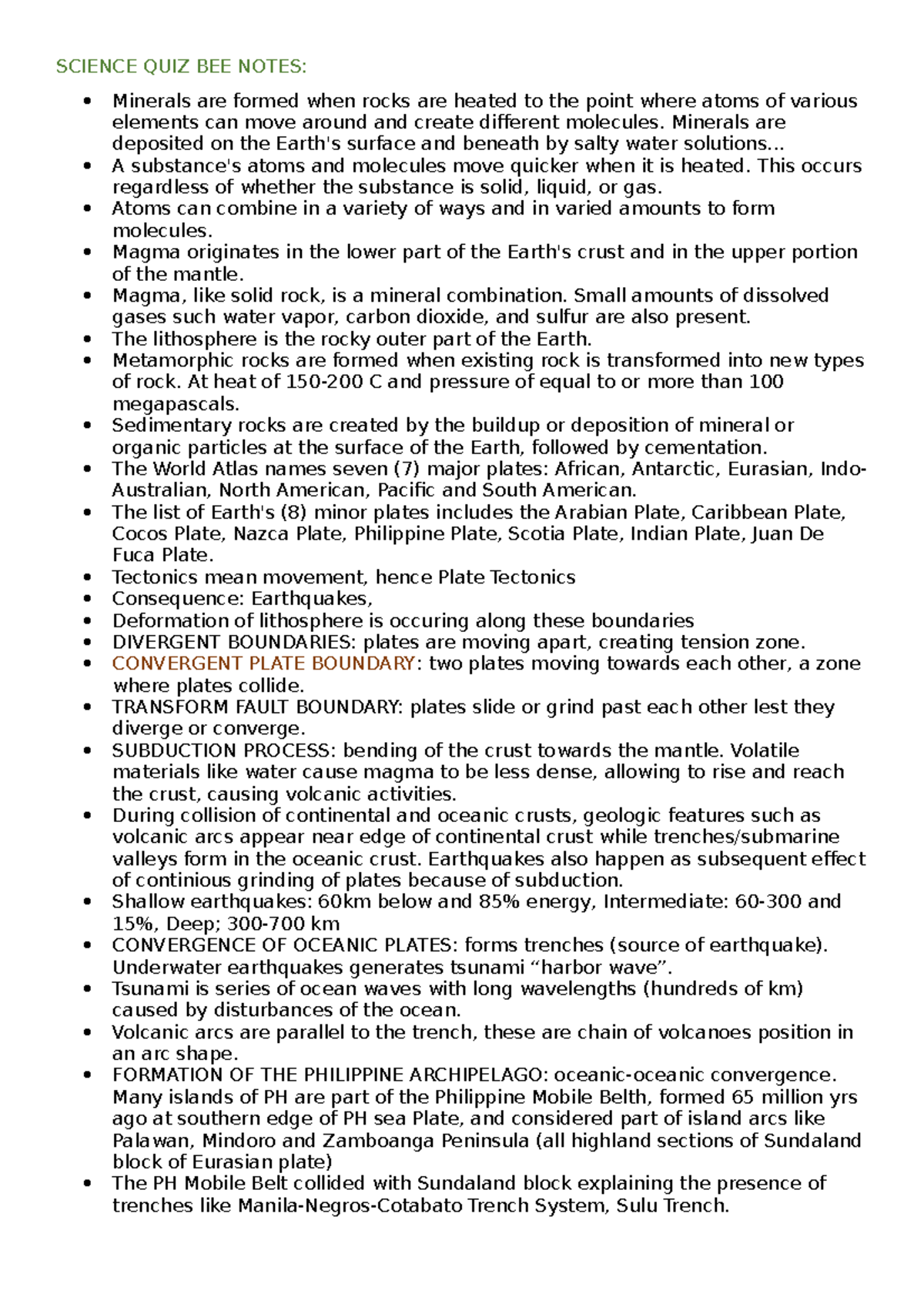 Science QUIZ BEE Notes - SCIENCE QUIZ BEE NOTES: Minerals are formed ...