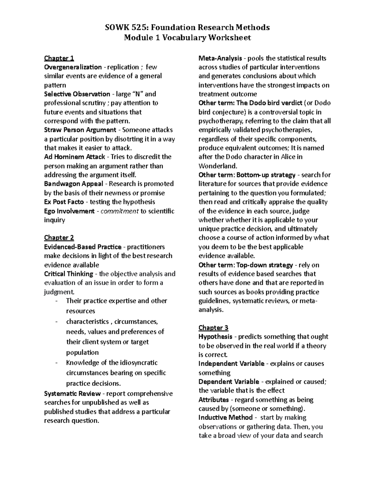 Module 1 Vocab Sheet - SOWK 525: Foundation Research Methods Module 1 ...