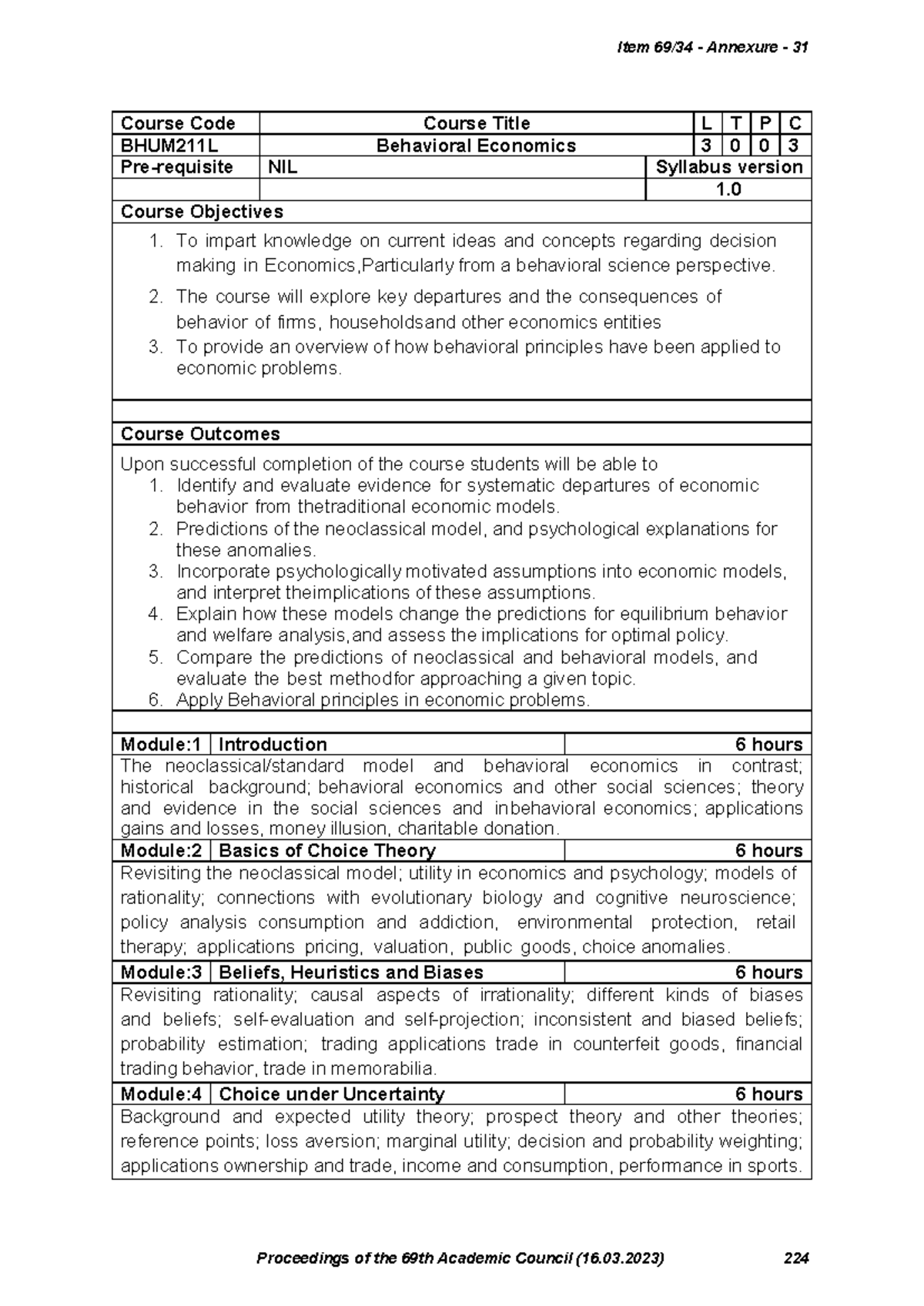 BHUM211L Behavioral- Economics TH 1 - Course Code Course Title L T P C BHUM211L Behavioral ...