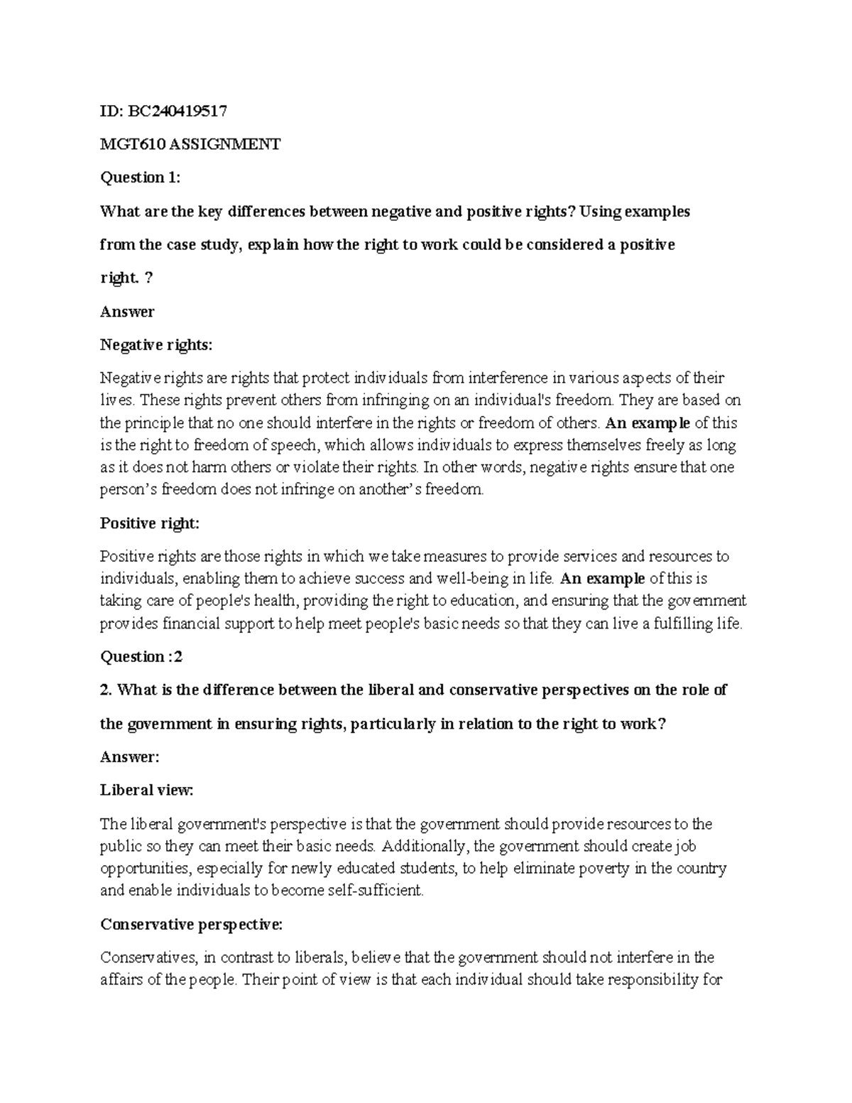 Mgt610 solution - ID: BC MGT610 ASSIGNMENT Question 1: What are the key differences between ...