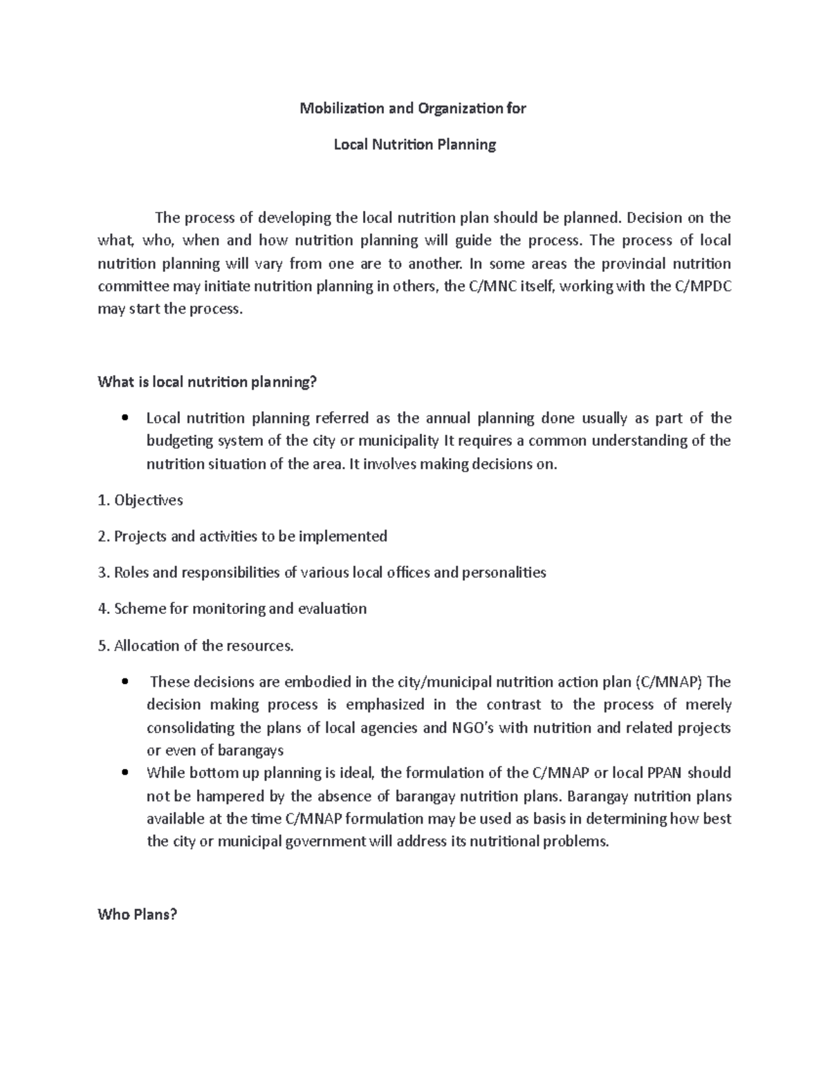Mobilization and Organization for Local Nutrition Planning ...
