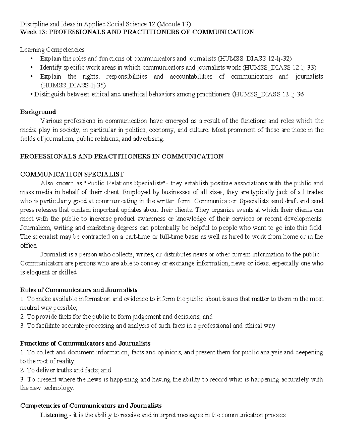 Lesson 13 Applied Social Science 12 - Week 13: PROFESSIONALS AND ...