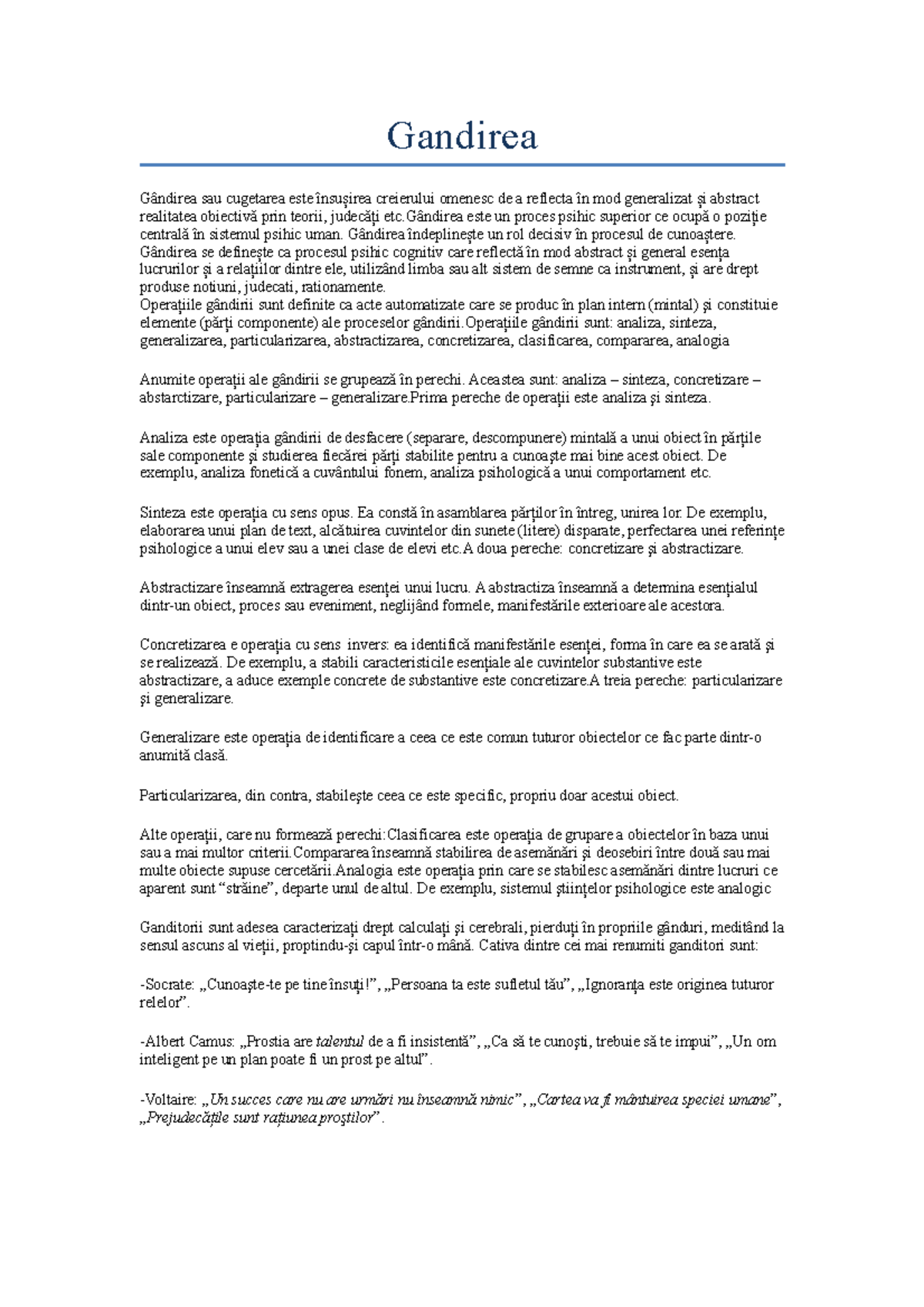 Gandirea eseu de opinie - Gandirea Gândirea sau cugetarea este ...