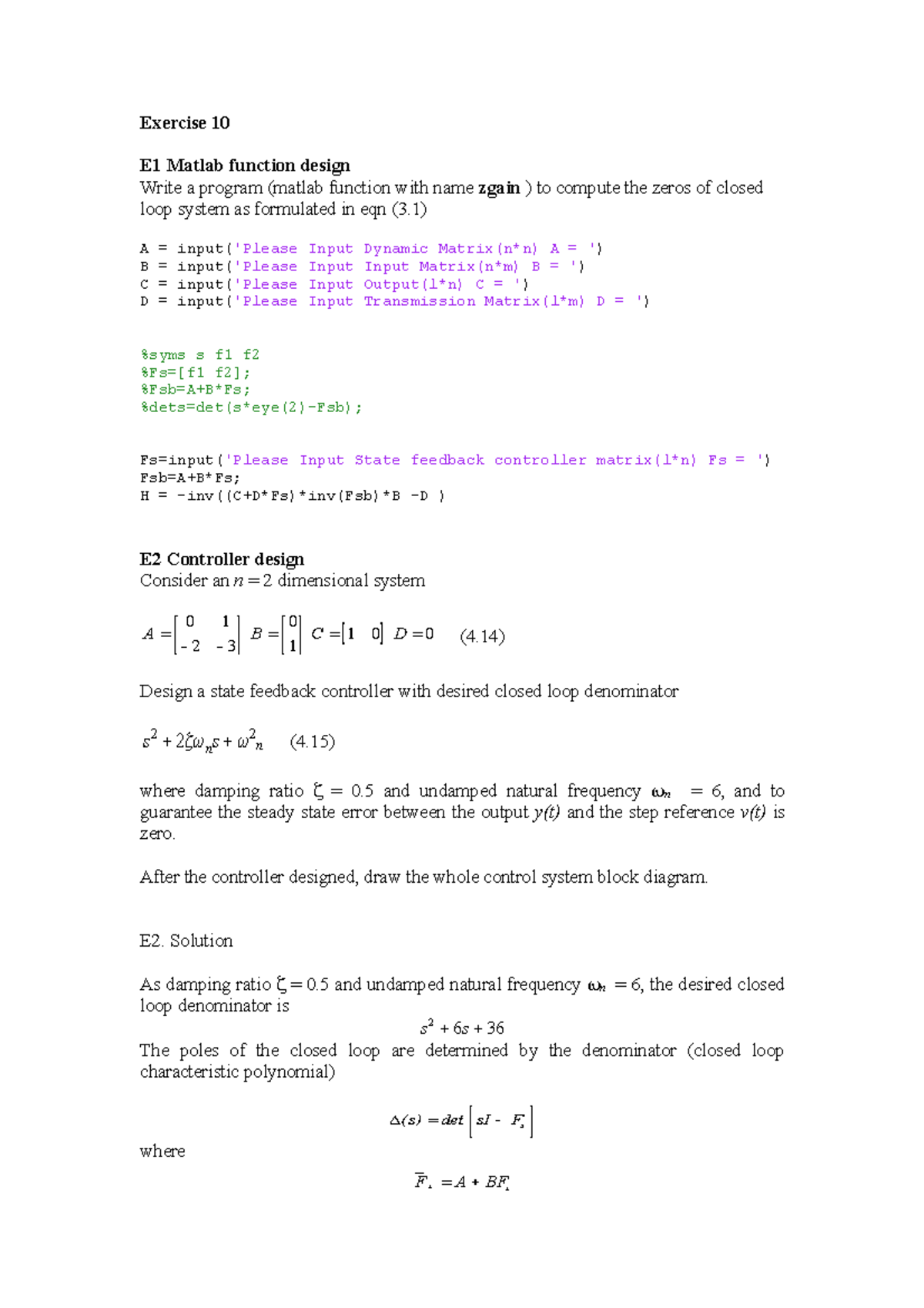 Lec 10 Solution - Exercise 10 E1 Matlab function design Write a program (matlab function with ...