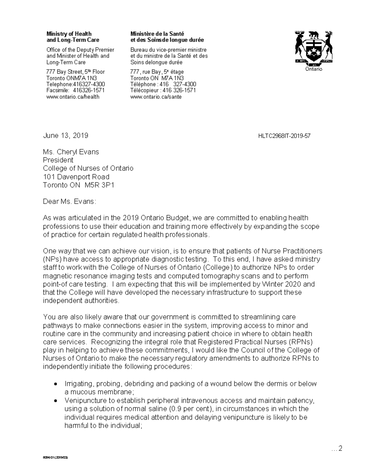 2019 06 13 scope of practice letter college of nurses of ontario ...
