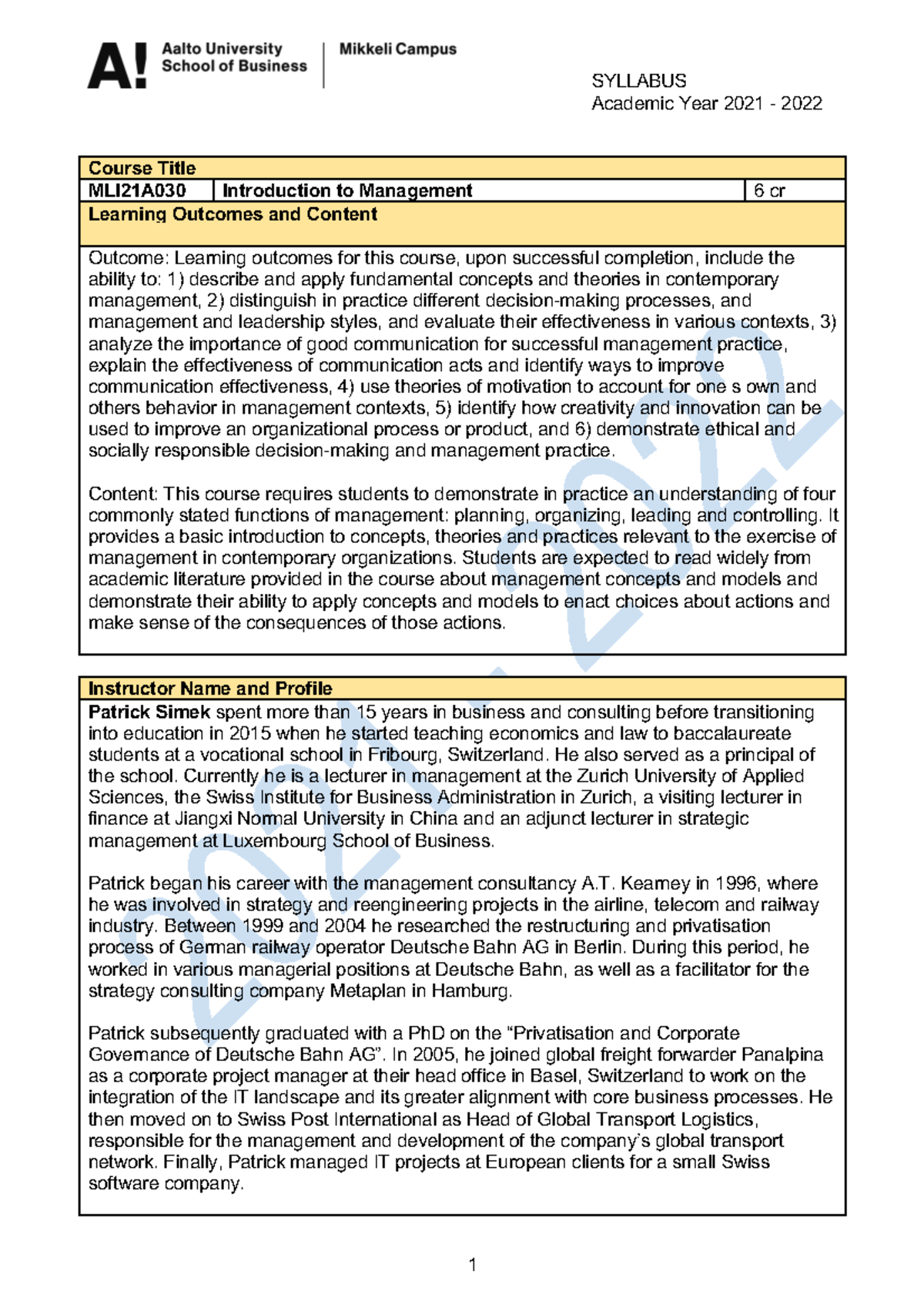 Introduction to Management Syllabus 2021-22 Module 3 final - Aalto ...