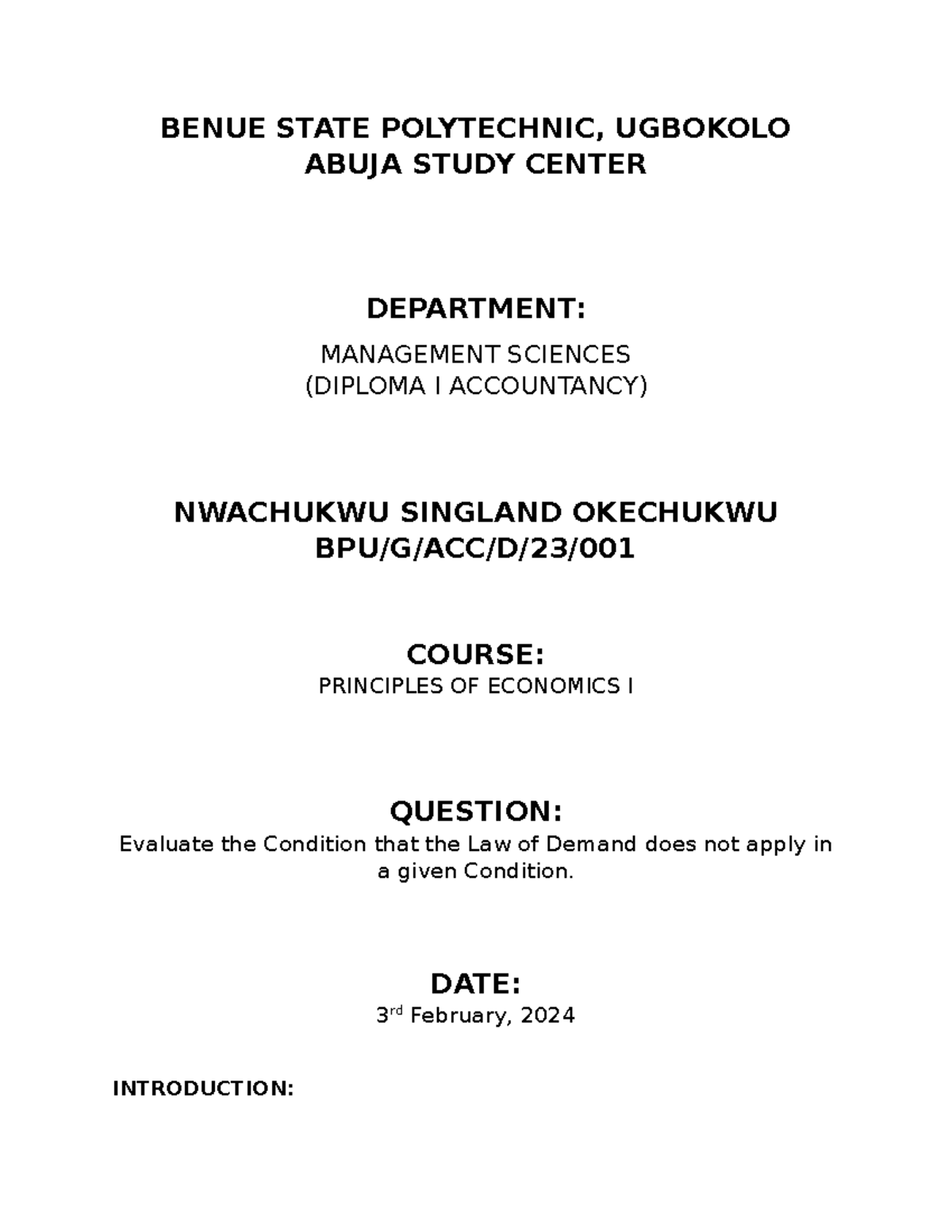 Principles OF Economics I Assignment - BENUE STATE POLYTECHNIC ...