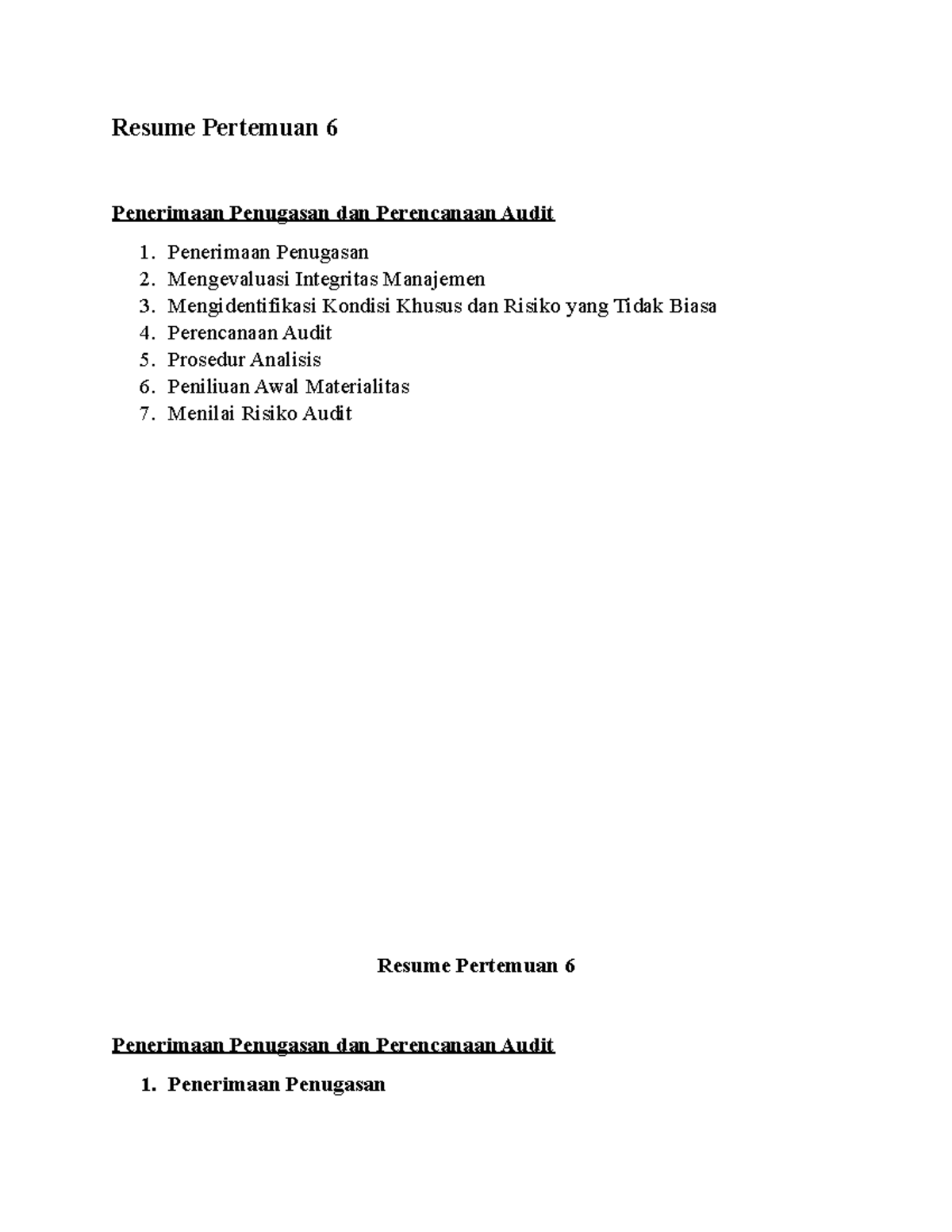 Penerimaan Penugasan dan Perencanaan Audit - Resume Pertemuan 6 Penerimaan Penugasan dan ...